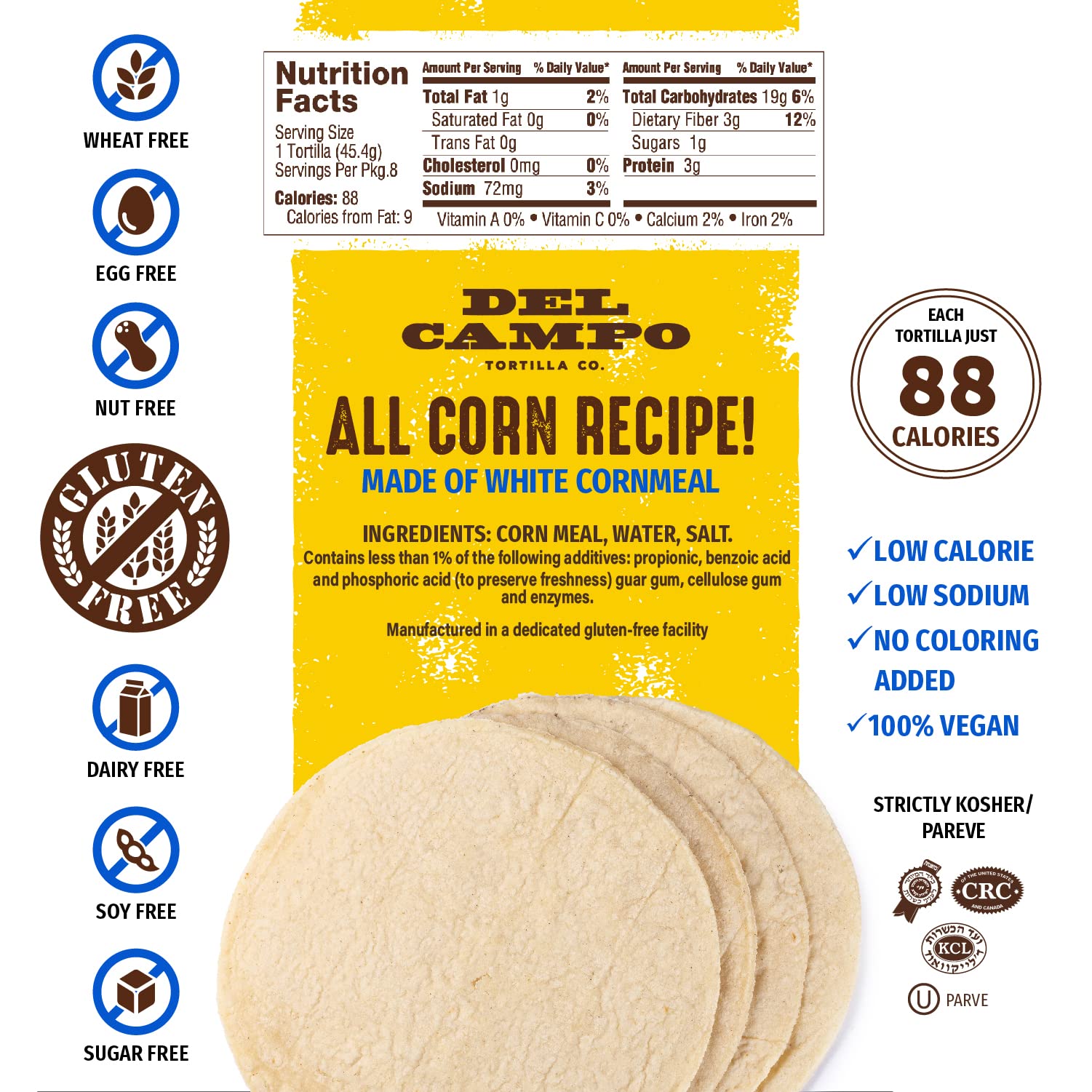 Del Campo Soft Corn Tortillas – 8 Inch Round. 100% Delicious Gluten Free and Authentic Mexican Food. Many Serving Options: Wraps, Tacos, Quesadillas or Burritos, Kosher. (8ct.) (Single)