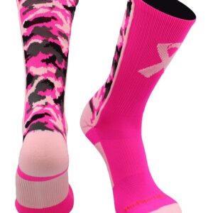 MadSportsStuff Pink Ribbon Awareness Camo Crew Socks (Neon Pink/Pale Pink, Large)