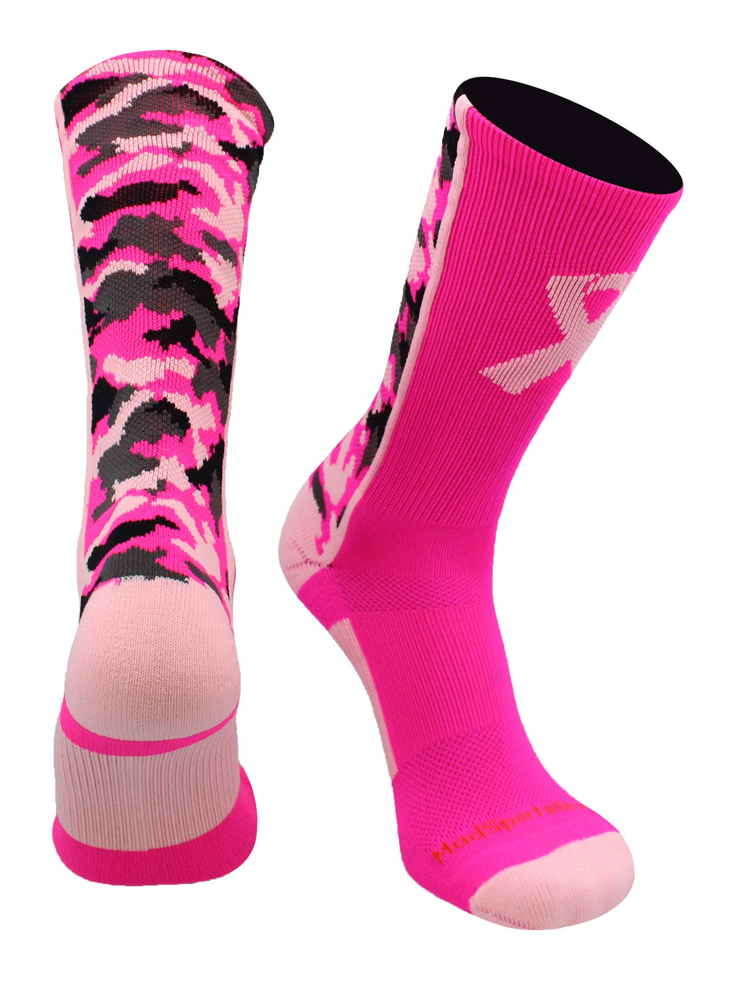 MadSportsStuff Pink Ribbon Awareness Camo Crew Socks (Neon Pink/Pale Pink, Large)