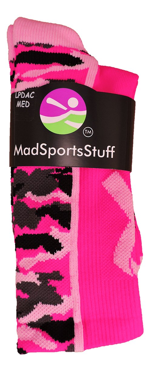 MadSportsStuff Pink Ribbon Awareness Camo Crew Socks (Neon Pink/Pale Pink, Large)