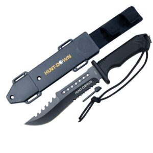 hunt-down 12" hunting survival knife with abs sheath and fire starter new