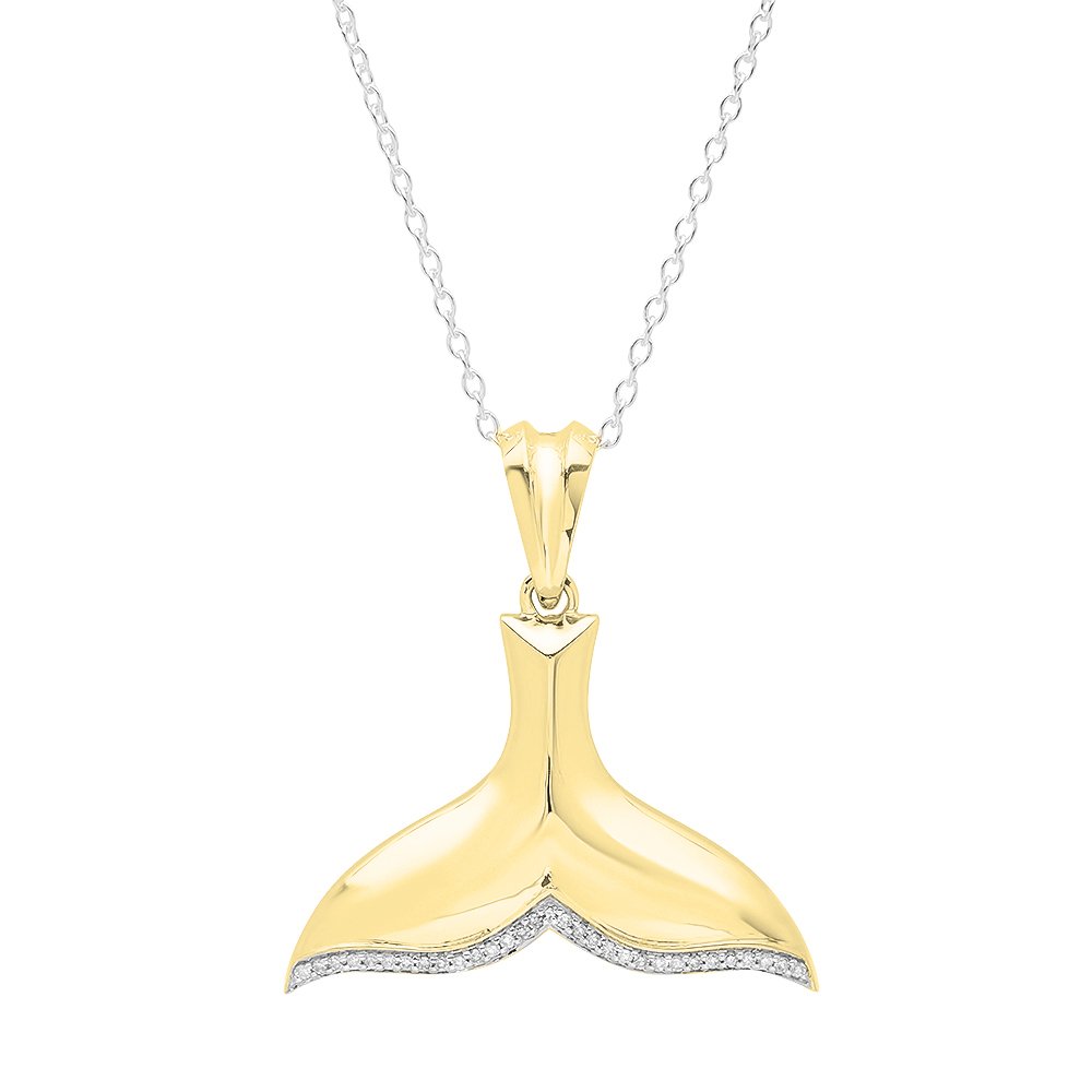 Dazzlingrock Collection 0.10 Carat (ctw) Round White Diamond Whale Fish Tail Pendant with 18 inch Silver Chain for Women in 14K Yellow Gold