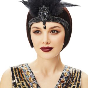 BABEYOND 1920s Flapper Headpiece 20s Carnival Feather Headband Crystal Beaded Great Gatsby Hairband 1920s Flapper Gatsby Hair Accessories (black)