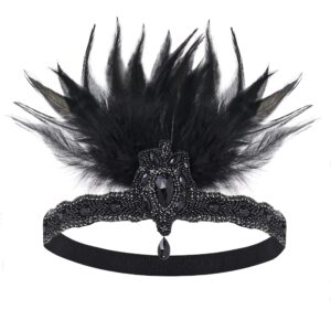 BABEYOND 1920s Flapper Headpiece 20s Carnival Feather Headband Crystal Beaded Great Gatsby Hairband 1920s Flapper Gatsby Hair Accessories (black)