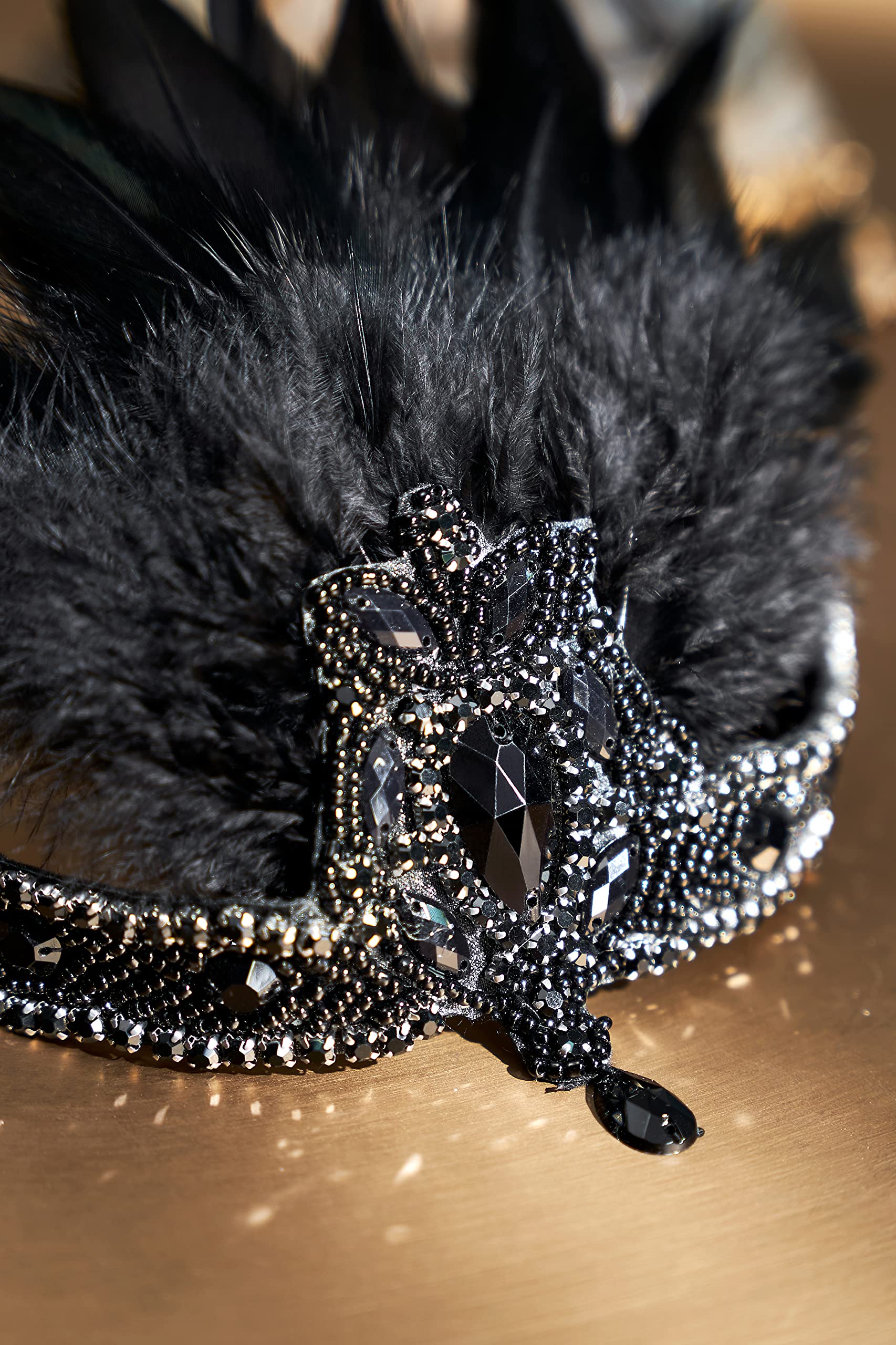 BABEYOND 1920s Flapper Headpiece 20s Carnival Feather Headband Crystal Beaded Great Gatsby Hairband 1920s Flapper Gatsby Hair Accessories (black)