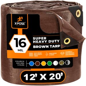 12' x 20' super heavy duty 16 mil brown poly tarp cover - thick waterproof, uv resistant, rip and tear proof tarpaulin with grommets and reinforced edges - by xpose safety