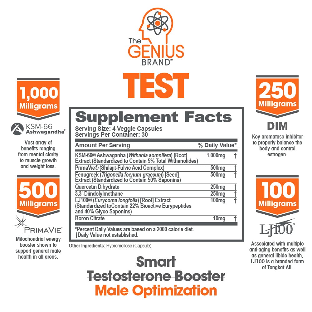 Genius Test, Advanced Testosterone Booster for Men - Natural Stamina, Endurance, Energy & Strength Enhancing Supplement - Lean Muscle Builder, Brain & Libido Support Male Supplements, 120 Veggie Pills