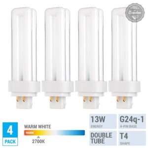 KOR - 13 Watt Double Tube - G24Q-1 (4 Pin) Base, 2700K Warm White - CFL Light Bulb. Replaces Sylvania 20682 CF13DD/E/827 and GE 97594 F13DBX/827/ECO4P - 4 Pack (Warm White)