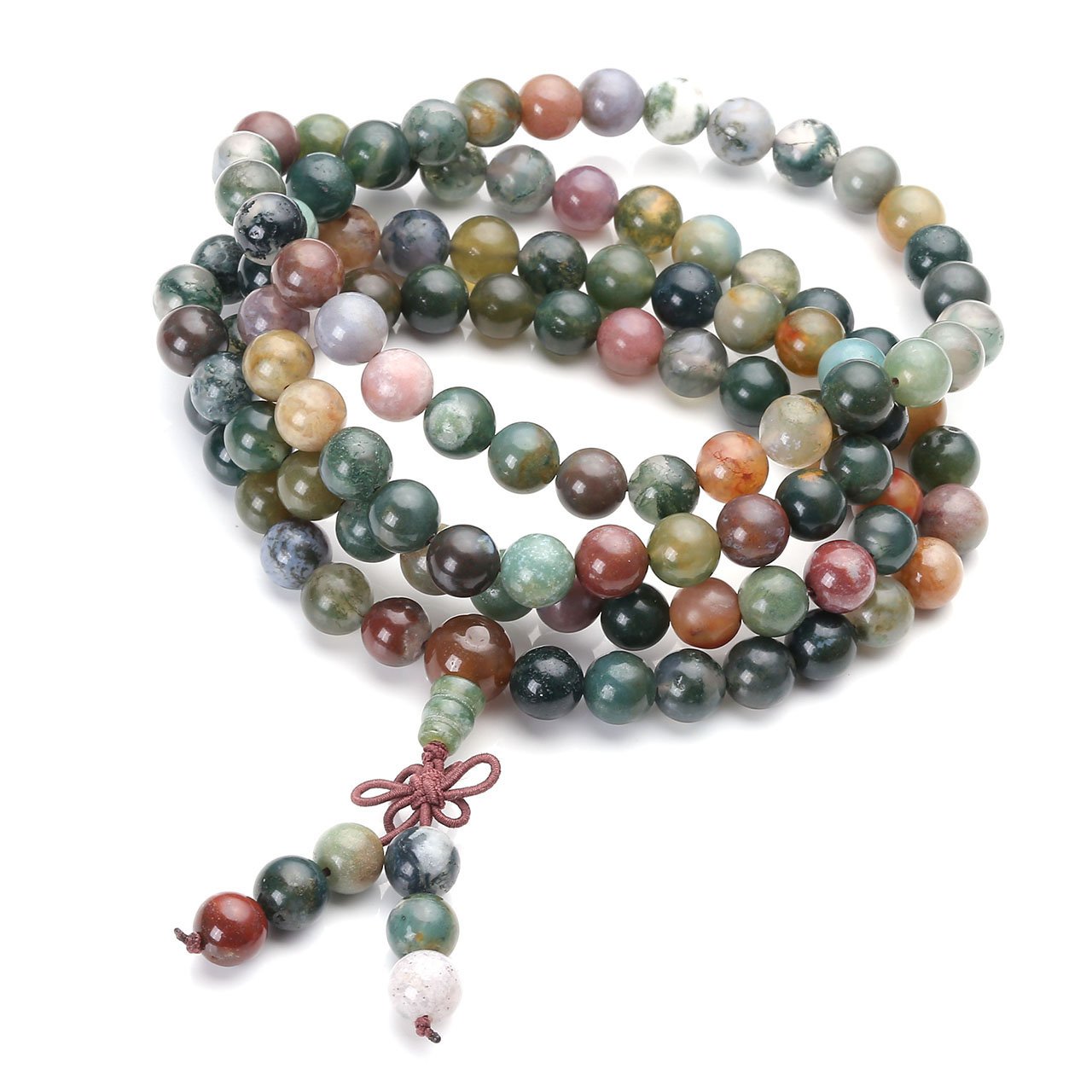 Jovivi 108 Mala Beads Bracelet 8mm Natural Indian Agate Gemstone Healing Crystal Stone Beaded Bracelet Hand Knotted Prayer Mala Beads Necklace for Yoga Meditation Balance