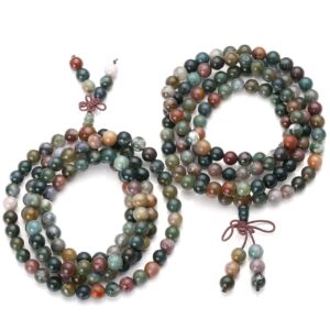 Jovivi 108 Mala Beads Bracelet 8mm Natural Indian Agate Gemstone Healing Crystal Stone Beaded Bracelet Hand Knotted Prayer Mala Beads Necklace for Yoga Meditation Balance