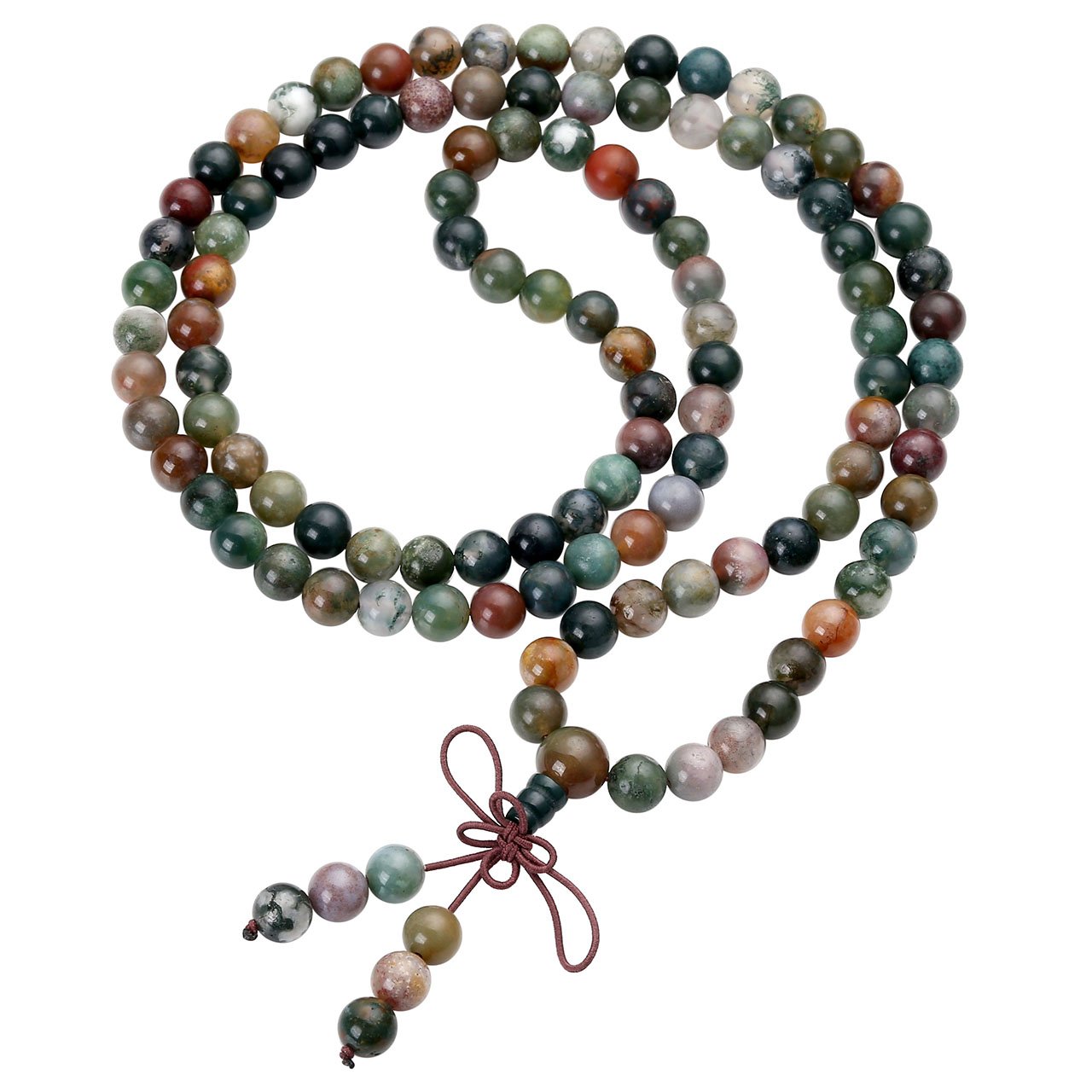 Jovivi 108 Mala Beads Bracelet 8mm Natural Indian Agate Gemstone Healing Crystal Stone Beaded Bracelet Hand Knotted Prayer Mala Beads Necklace for Yoga Meditation Balance