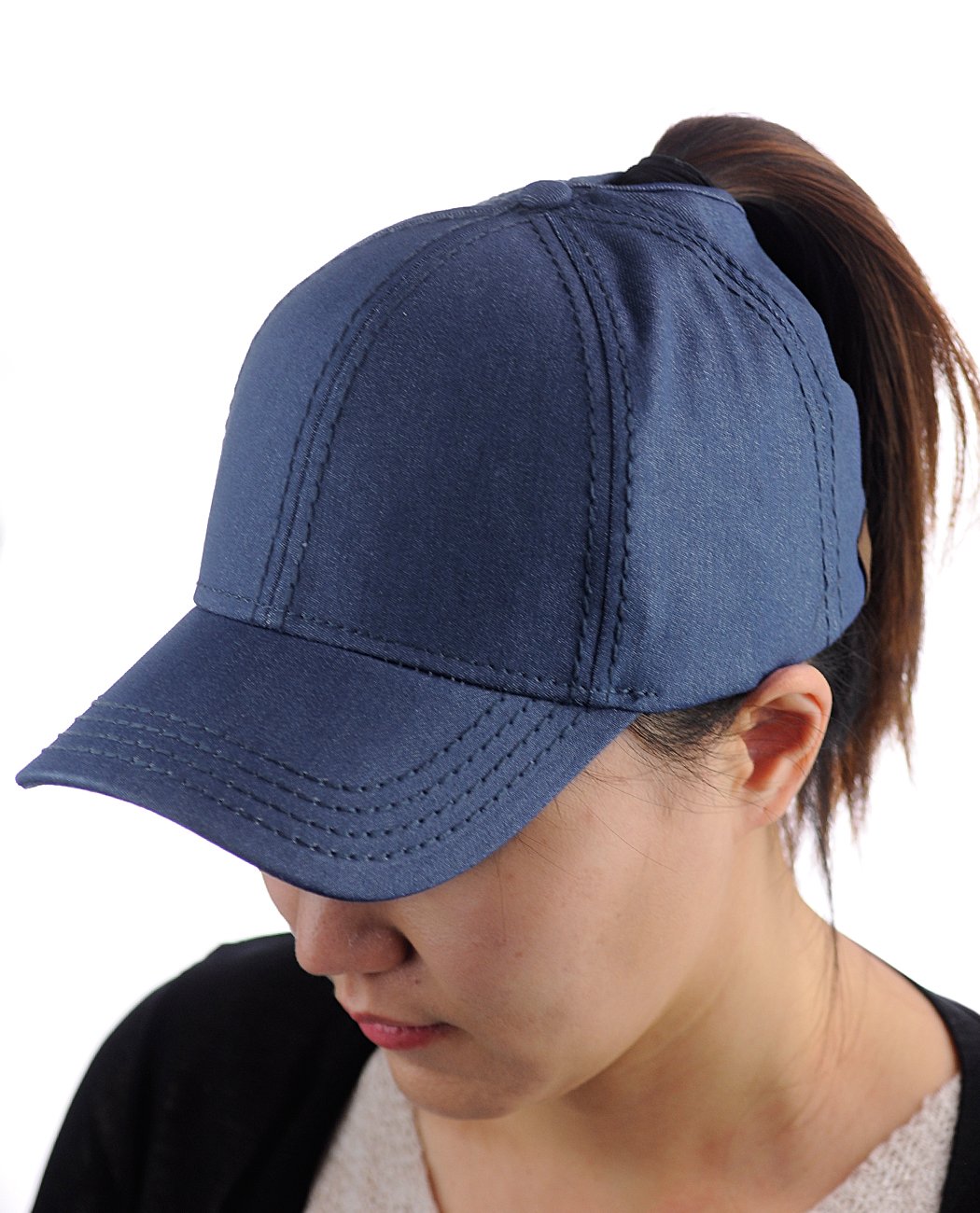 C.C Ponycap Messy High Bun Ponytail Adjustable Cotton Baseball Cap Hat, Denim