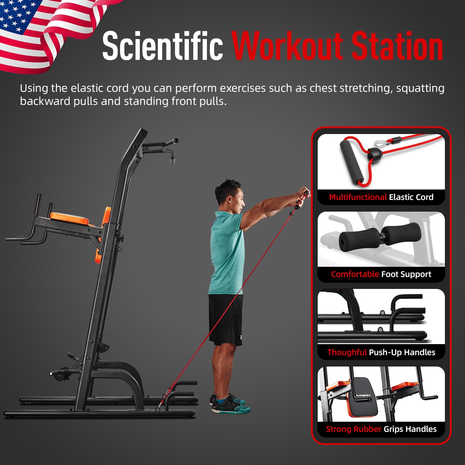 HARISON Multifunction Power Tower with Bench Pull Up Bar Dip Station for Home Gym Workout Strength Training Fitness Equipment