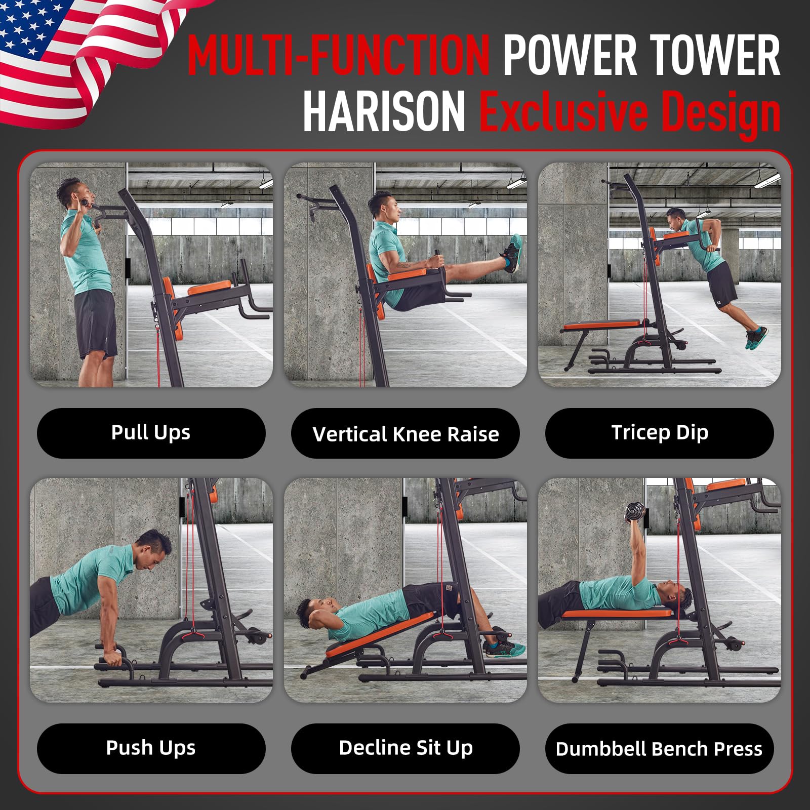 HARISON Multifunction Power Tower with Bench Pull Up Bar Dip Station for Home Gym Workout Strength Training Fitness Equipment