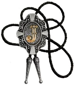 moranse golden initial letters in flower nursery cowboy bolo tie with cowhide rope(j silver,silver style)