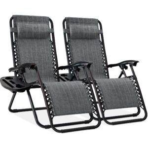 best choice products set of 2 adjustable steel mesh zero gravity lounge chair recliners w/pillows and cup holder trays, gray