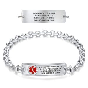 divoti dual-sided engraved elegant rolo medical alert id bracelets for women – red - 7.0"