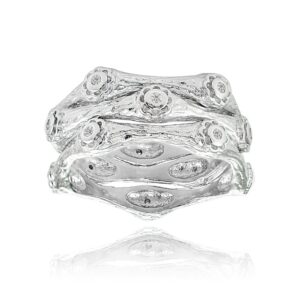 hoops & loops sterling silver cubic zirconia bamboo textured set of 3 stackable band rings, size 8