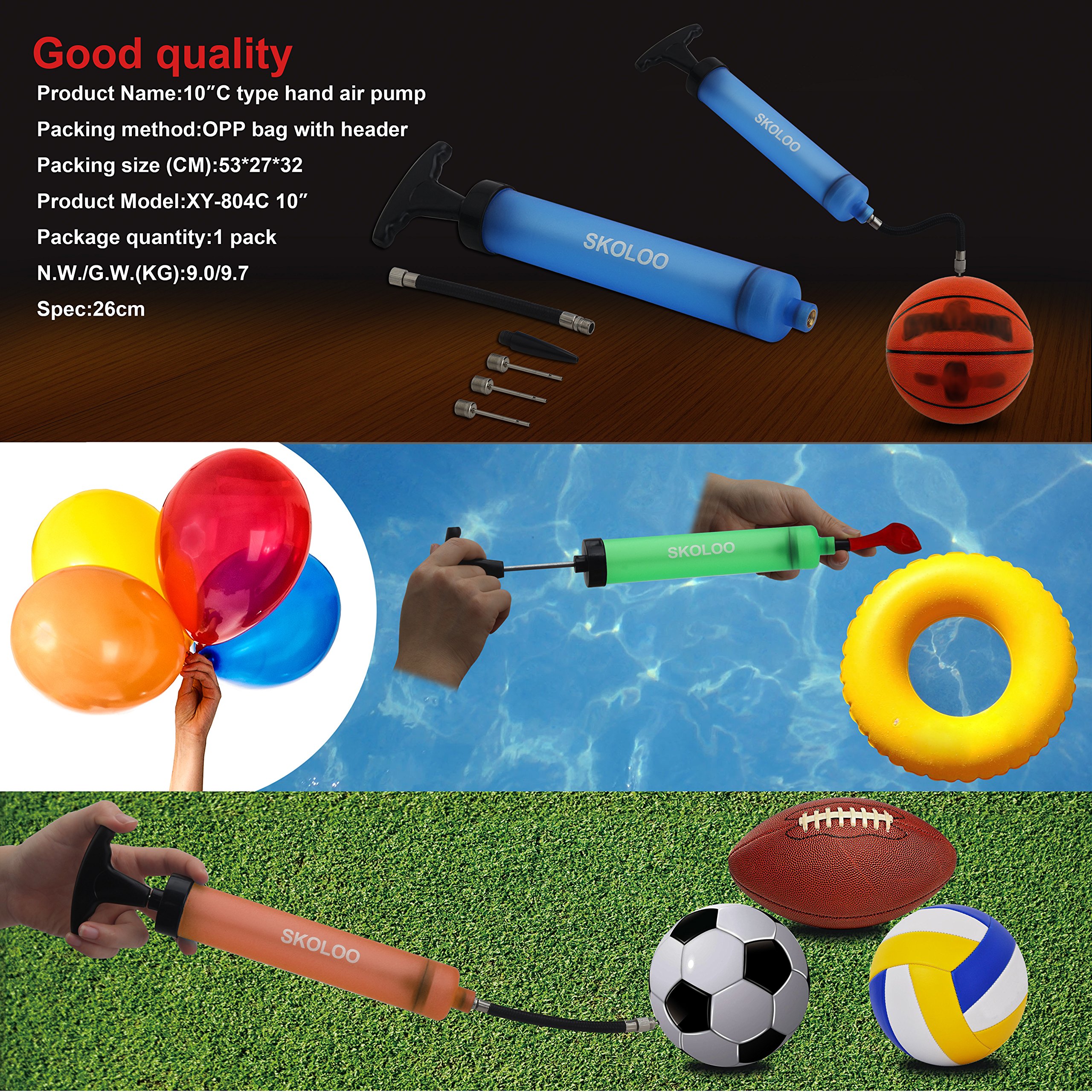 Skoloo 10" Portable Hand Air Ball Pump Inflator Kit with Needle, Nozzle, Extension Hose for Soccer Basketball Football Volleyball Water Polo Rugby Exercise Sports Ball Balloon Swim Inflatables, Blue