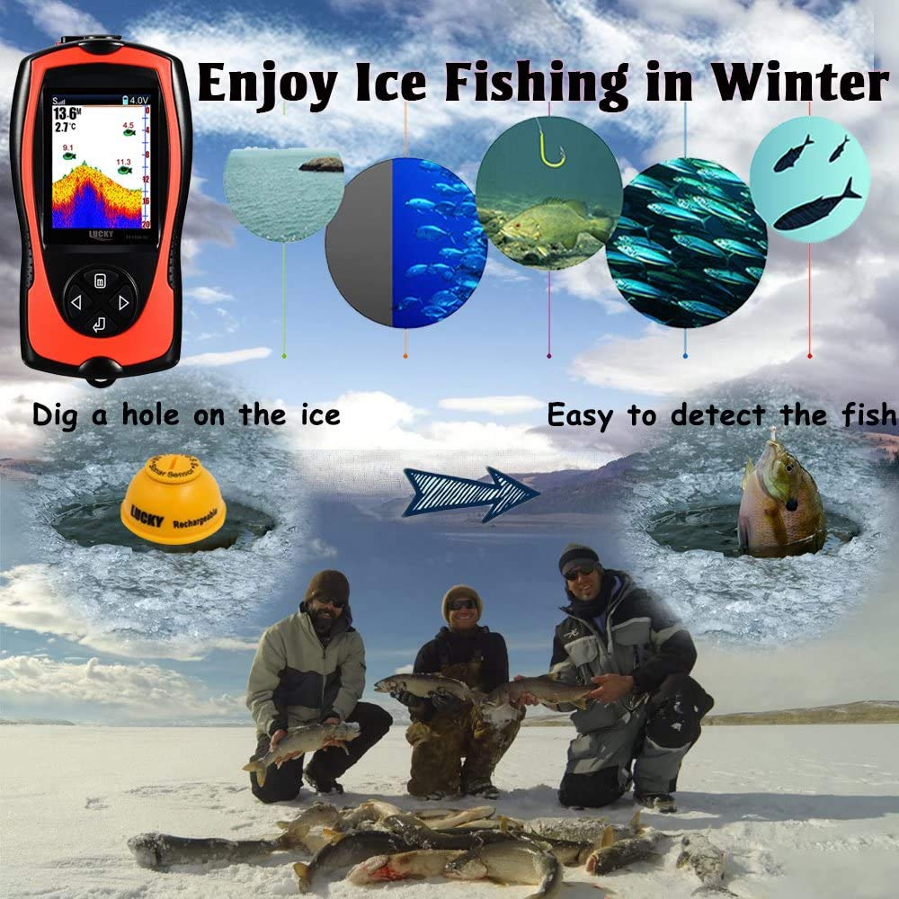 LUCKY Portable Fish Finder Transducer Sonar Sensor 147 Feet Water Depth Finder LCD Screen Echo Sounder Fishfinder with Fish Attractive Lamp for Ice Fishing Sea Fishing