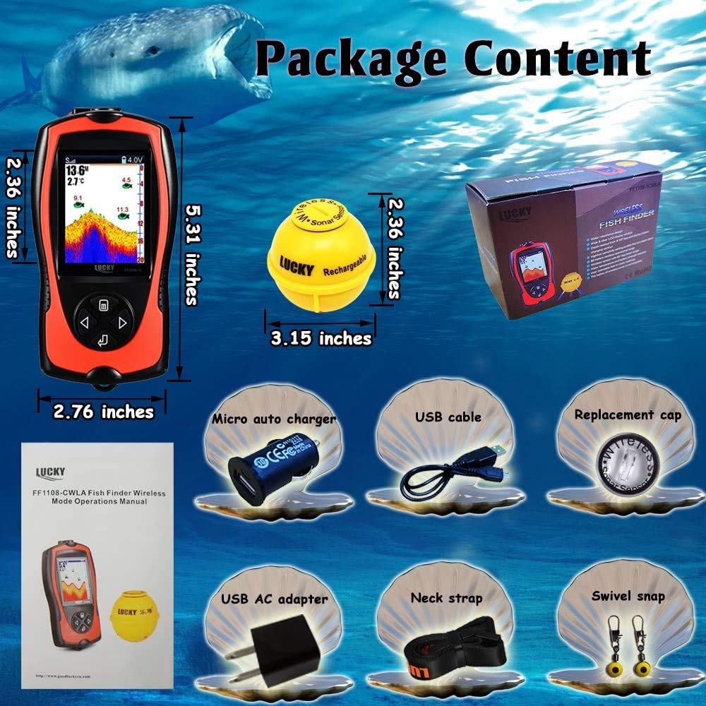 LUCKY Portable Fish Finder Transducer Sonar Sensor 147 Feet Water Depth Finder LCD Screen Echo Sounder Fishfinder with Fish Attractive Lamp for Ice Fishing Sea Fishing