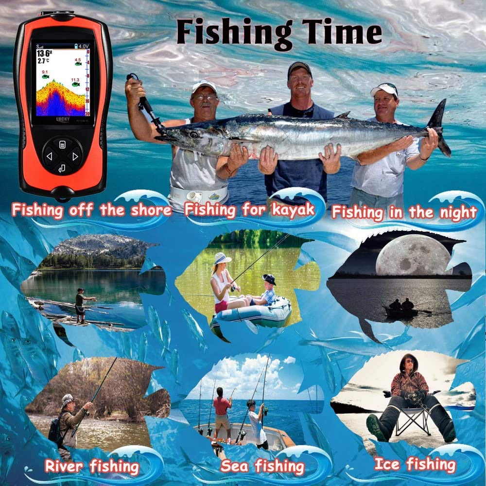 LUCKY Portable Fish Finder Transducer Sonar Sensor 147 Feet Water Depth Finder LCD Screen Echo Sounder Fishfinder with Fish Attractive Lamp for Ice Fishing Sea Fishing