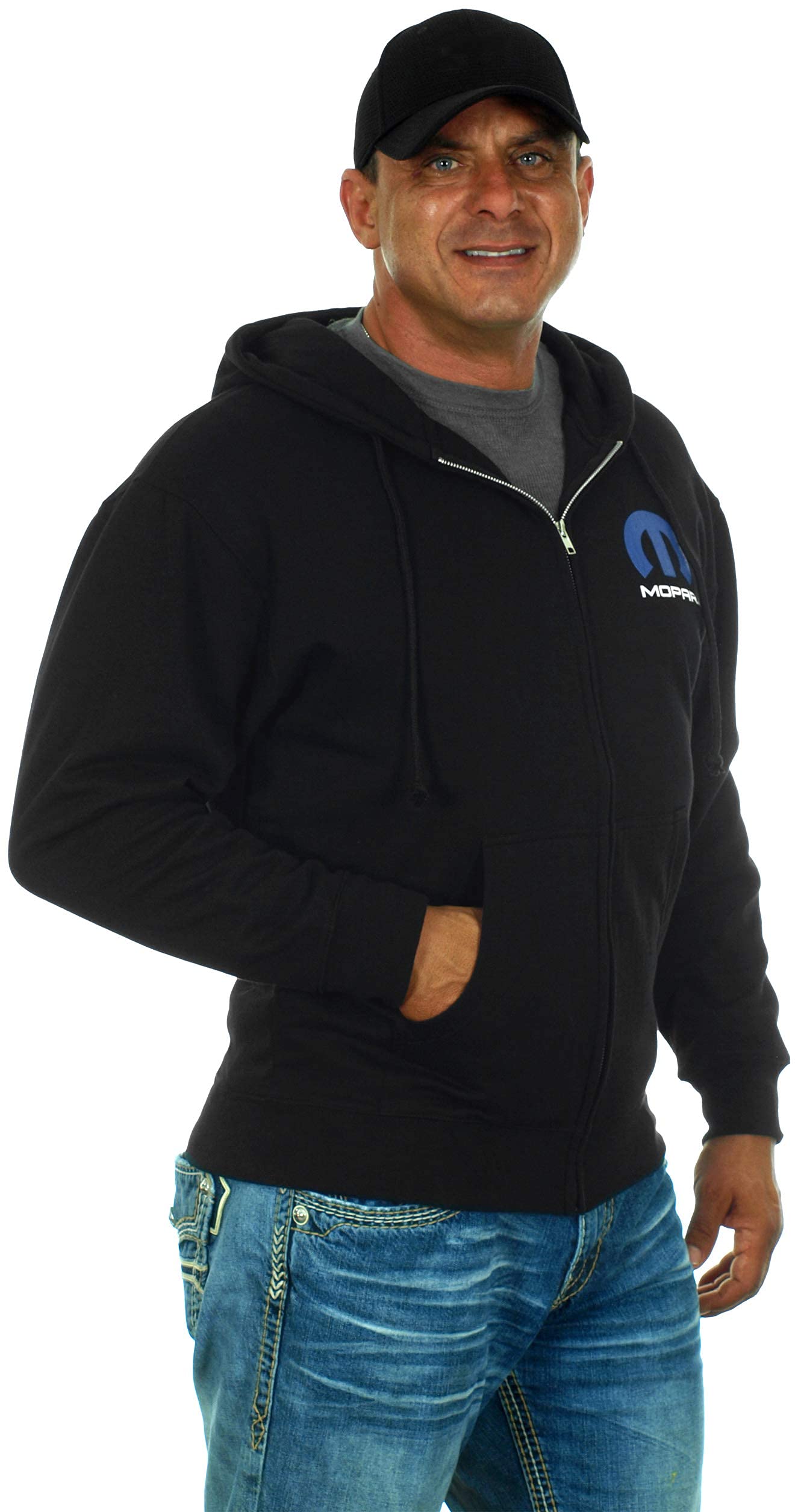 JH DESIGN GROUP Men's Mopar Logo Hoodie Full Zip Up Black Hooded Sweatshirt (medium, AP22-black)