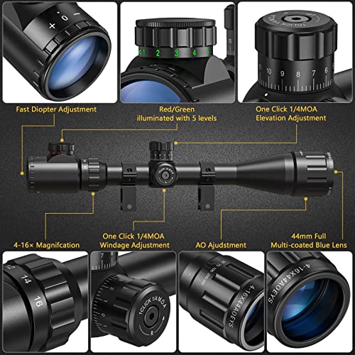 CVLIFE 4-16x44 Tactical Rifle Scope Red and Green Illuminated Built Gun Scope with Locking Turret Sunshade and Mount Included