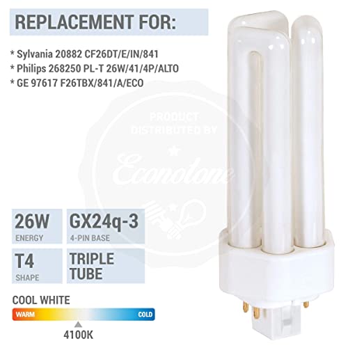 KOR (4 Pack) K20788 - PL26W/3U/4P/841 - Compact Fluorescent Plug-in - T4 - Triple Tube - 26 Watt - 4-Pin (GX24q-3) - 4,100 Kelvin (Cool White)