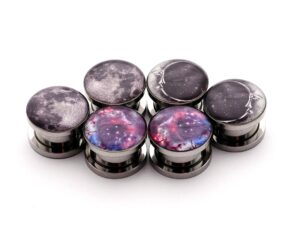 set of 3 pairs screw on picture plugs - set #1 - (full moon, moon style 2, galaxy) - all 3 pairs included (2g (6mm))