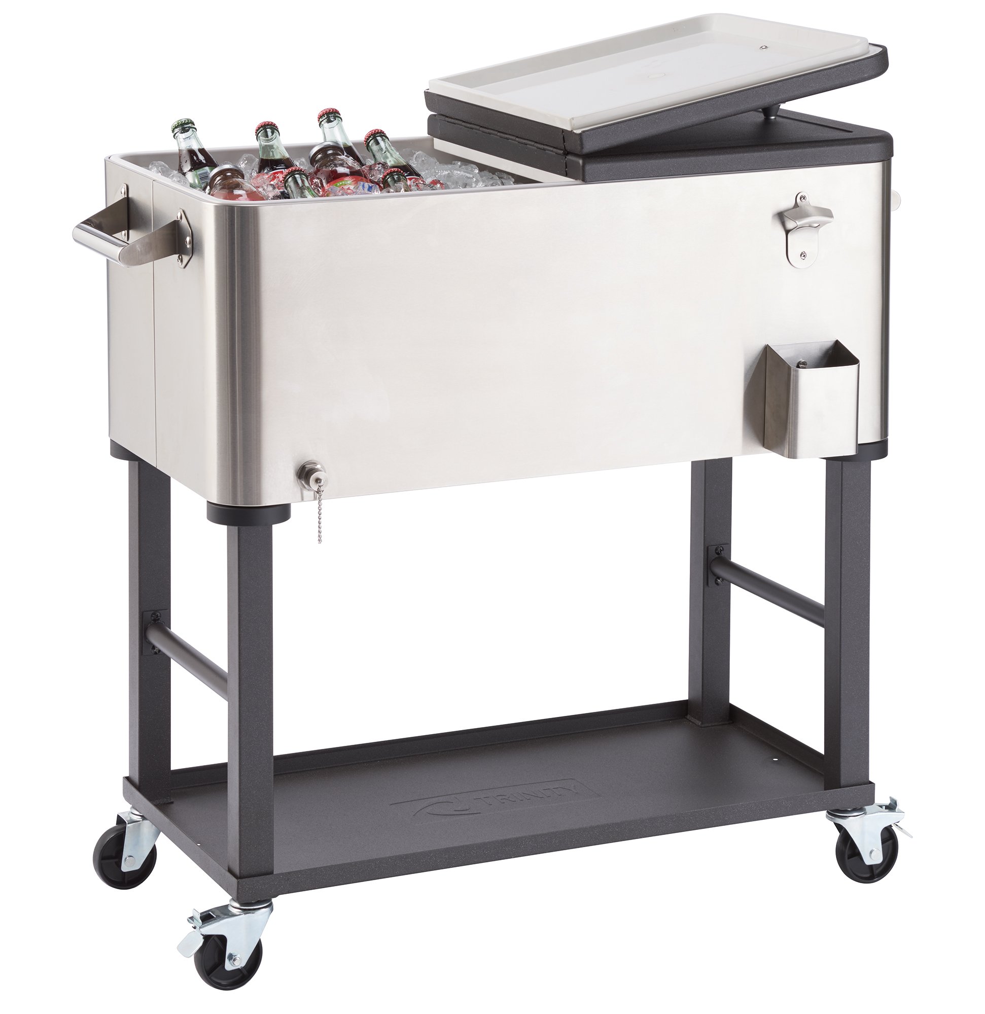 TRINITY Stainless Steel Beverage Cooler and Ice Chest with Wheels and Built-in Bottle Opener, Rolling Cart with Shelf for Patio, Outdoor Bar, and Catering, Detachable Tub, 80 Quart Capacity