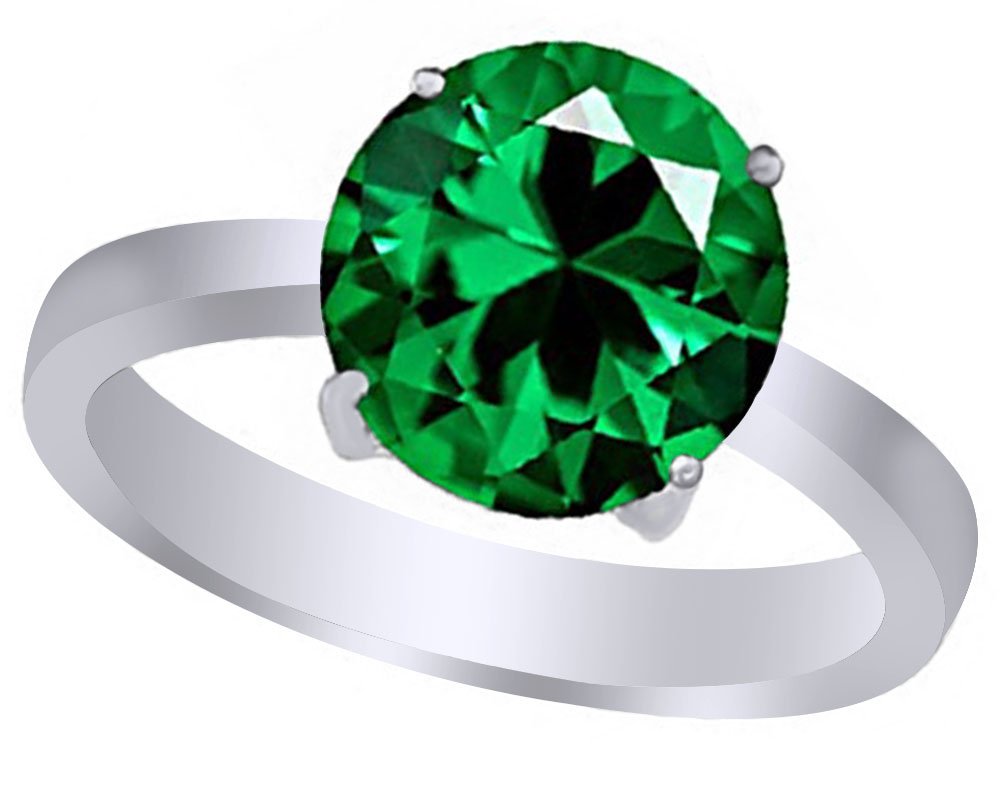 AFFY Round-Cut Simulated Green Emerald Solitaire Ring in 14k White Gold Over Sterling Silver (0.25 Ct)