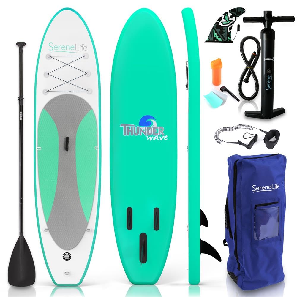 SereneLife Stand up Paddle Board Inflatable - Non-Slip SUP Paddle Board Paddle, Pump, Leash, and Accessories - Fun Water inflatable paddle board for Adults and Youth with Wide Stable Design