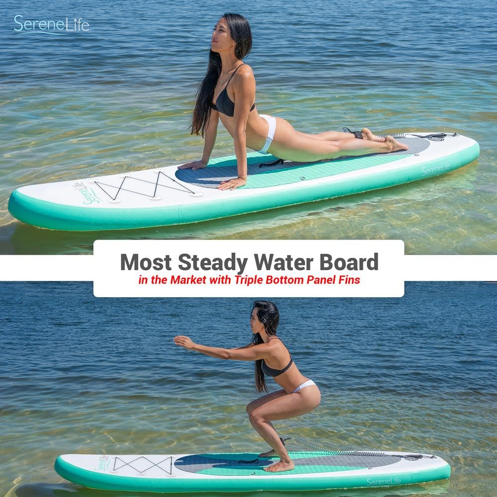 SereneLife Stand up Paddle Board Inflatable - Non-Slip SUP Paddle Board Paddle, Pump, Leash, and Accessories - Fun Water inflatable paddle board for Adults and Youth with Wide Stable Design