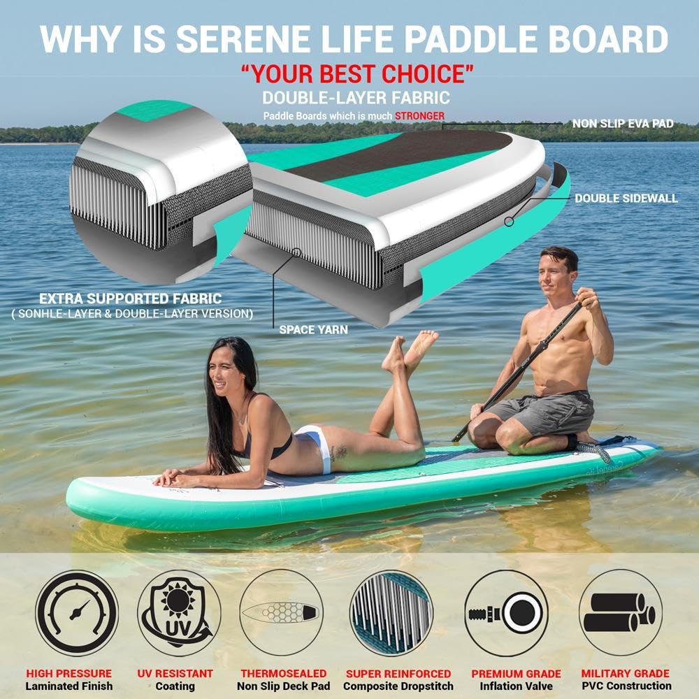 SereneLife Stand up Paddle Board Inflatable - Non-Slip SUP Paddle Board Paddle, Pump, Leash, and Accessories - Fun Water inflatable paddle board for Adults and Youth with Wide Stable Design