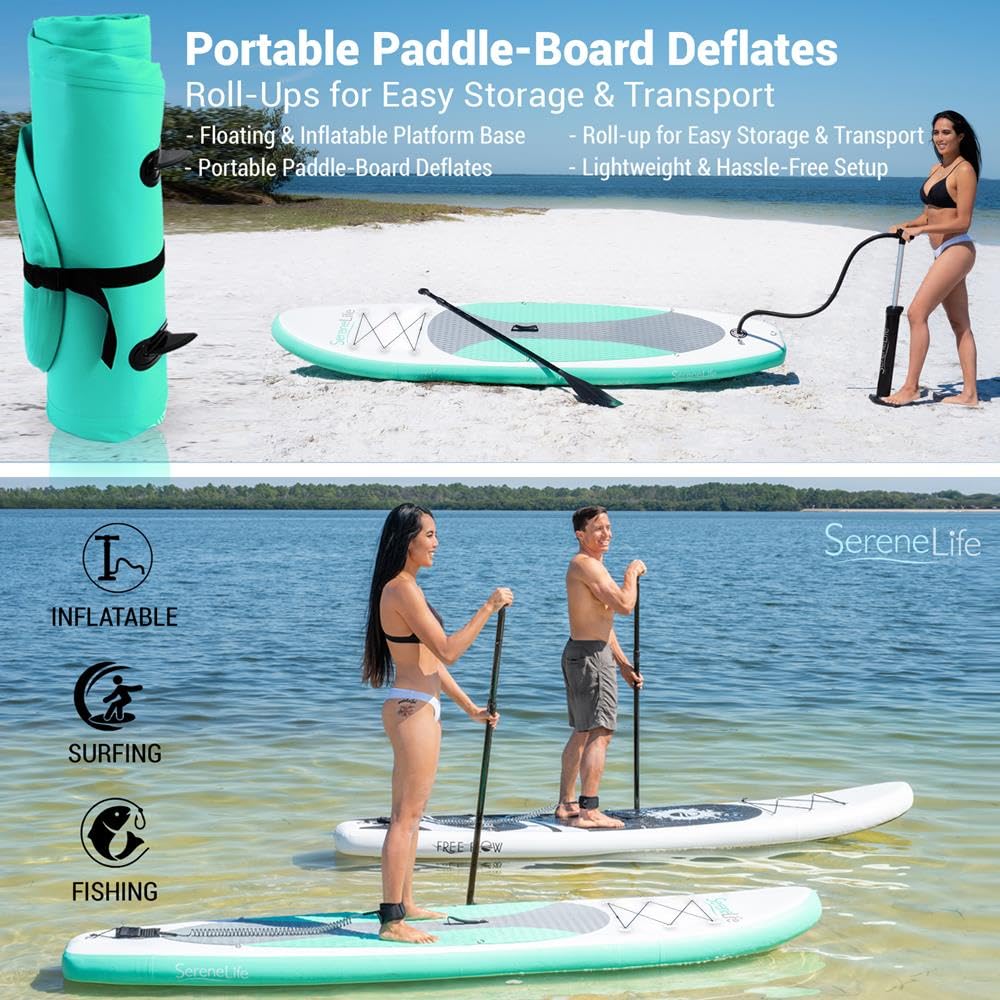 SereneLife Stand up Paddle Board Inflatable - Non-Slip SUP Paddle Board Paddle, Pump, Leash, and Accessories - Fun Water inflatable paddle board for Adults and Youth with Wide Stable Design