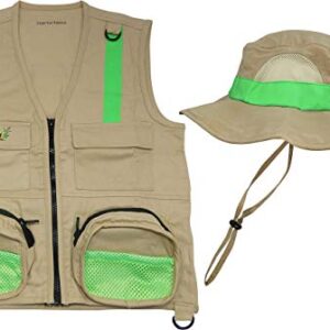 Eagle Eye Explorer S/M Combination Set Safe for Boys and Girls: 1 Tan Cargo Vest for Kids with Reflective Safety Straps & 1 Floppy Bucket Sun Hat with Chin Strap. Color: Tan