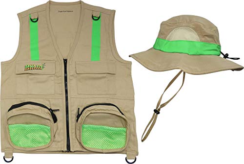 Eagle Eye Explorer S/M Combination Set Safe for Boys and Girls: 1 Tan Cargo Vest for Kids with Reflective Safety Straps & 1 Floppy Bucket Sun Hat with Chin Strap. Color: Tan