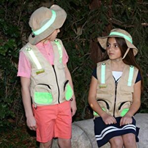 Eagle Eye Explorer S/M Combination Set Safe for Boys and Girls: 1 Tan Cargo Vest for Kids with Reflective Safety Straps & 1 Floppy Bucket Sun Hat with Chin Strap. Color: Tan