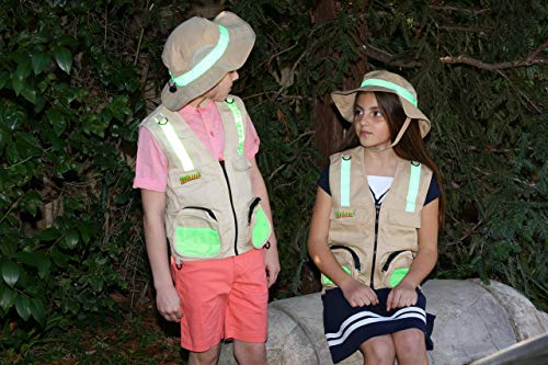 Eagle Eye Explorer S/M Combination Set Safe for Boys and Girls: 1 Tan Cargo Vest for Kids with Reflective Safety Straps & 1 Floppy Bucket Sun Hat with Chin Strap. Color: Tan