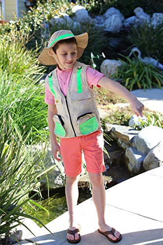 Eagle Eye Explorer S/M Combination Set Safe for Boys and Girls: 1 Tan Cargo Vest for Kids with Reflective Safety Straps & 1 Floppy Bucket Sun Hat with Chin Strap. Color: Tan