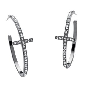 palmbeach black ruthenium plated round crystal cross hoop earrings (40mm)