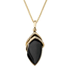 palmbeach yellow gold-plated marquise shaped natural black onyx pendant (36mm) with 18 inch chain