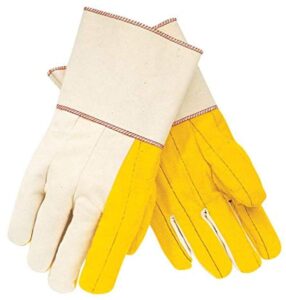 mcr safety 8516g gold palm chore glove with 5" gauntlet cuff, large, white/yellow (pack of 12)