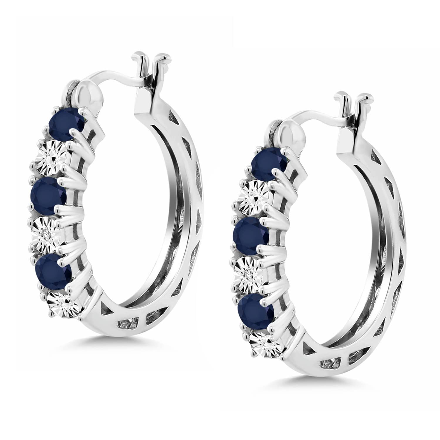 Gem Stone King 925 Sterling Silver Blue Sapphire and White Lab Grown Diamond Accent Hoop Earrings For Women (0.83 Cttw, 22MM = 0.85 Inches Diameter)