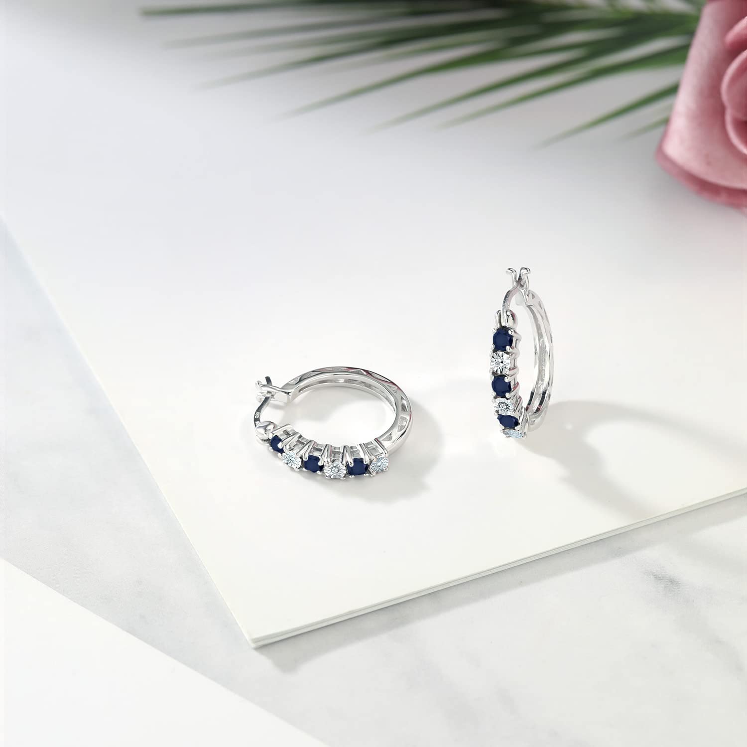 Gem Stone King 925 Sterling Silver Blue Sapphire and White Lab Grown Diamond Accent Hoop Earrings For Women (0.83 Cttw, 22MM = 0.85 Inches Diameter)