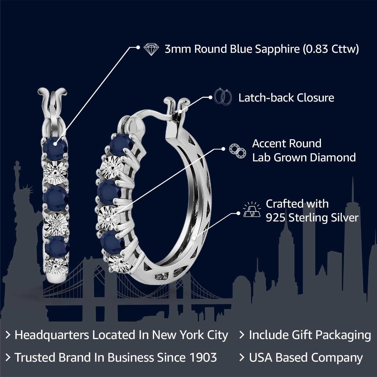 Gem Stone King 925 Sterling Silver Blue Sapphire and White Lab Grown Diamond Accent Hoop Earrings For Women (0.83 Cttw, 22MM = 0.85 Inches Diameter)