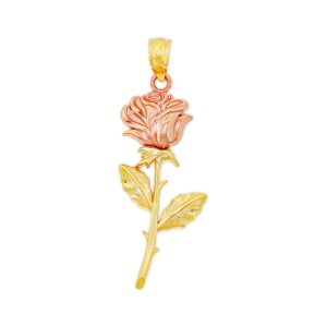 ca charmamerica gold long stem rose charm - rose pendant charm - mother's day gift, birthday gift - rose flower dangle charm -10 karat solid yellow and rose gold (style 1)