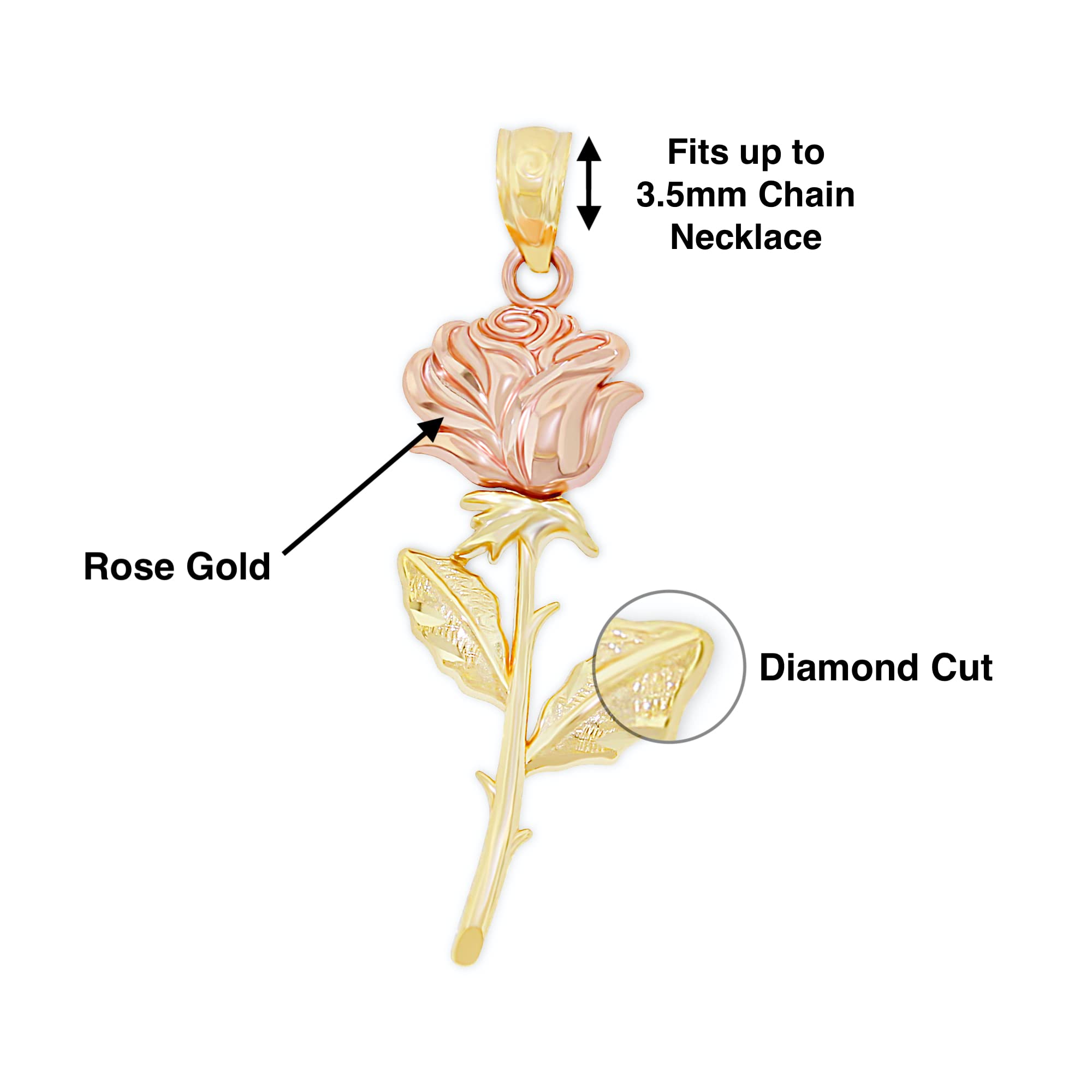 CA CHARMAMERICA Gold Long Stem Rose Charm - Rose Pendant Charm - Mother's Day Gift, Birthday Gift - Rose Flower Dangle Charm -10 Karat Solid Yellow and Rose Gold (Style 1)