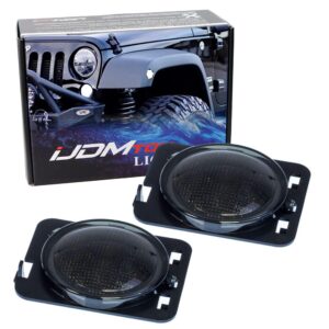 ijdmtoy smoked lens white full led front fender flare side marker light kit compatible with jeep 2007-2017 wrangler jk, replace oem amber or clear sidemarker lamps